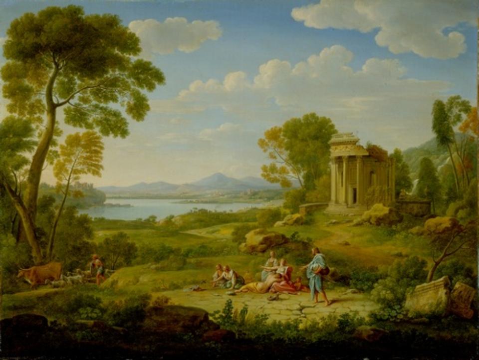 Landschaft mit dem Tempel der Sibylle und figürlicher Staffage ...
